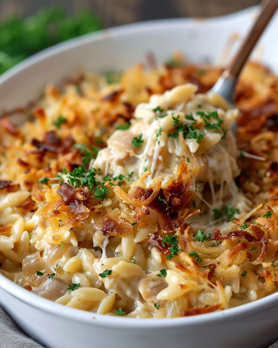 French Onion Chicken Orzo Casserole